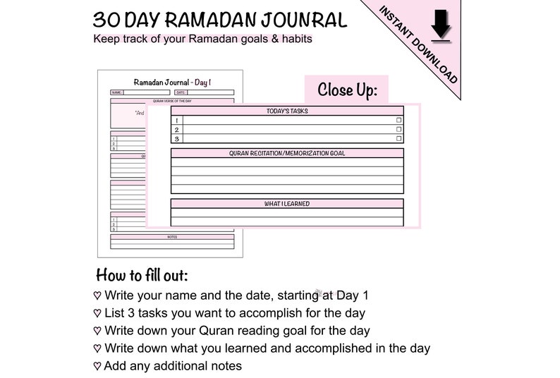Printable Pink 30 Day Ramadan Journal With Quran Verses of the Day for ...