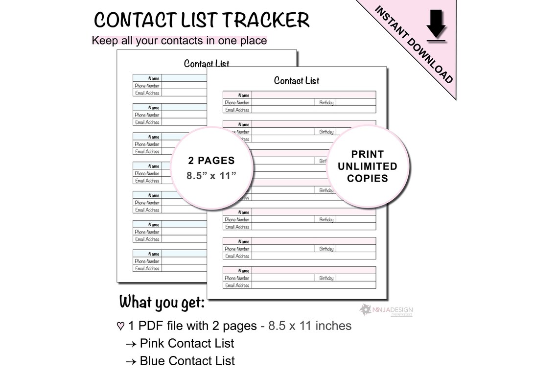 Printable Contact List Templates for Address Book to Track Birthdays ...