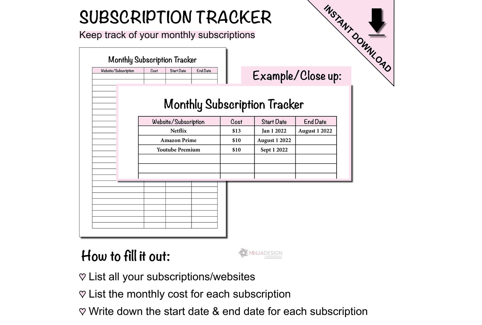 Printable Monthly Subscription Tracker to Track Website and App ...