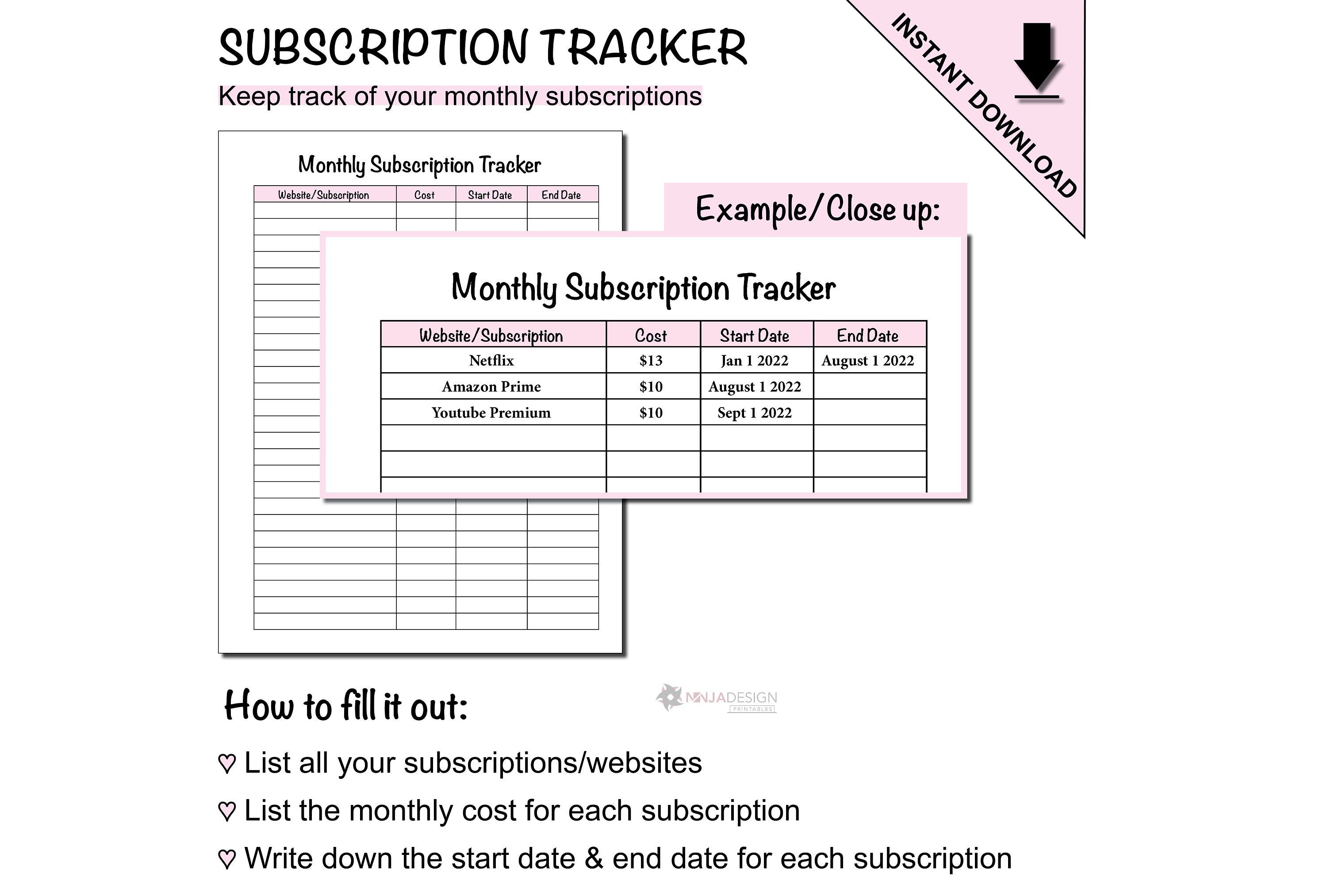 Printable Monthly Subscription Tracker to Track Website and App ...
