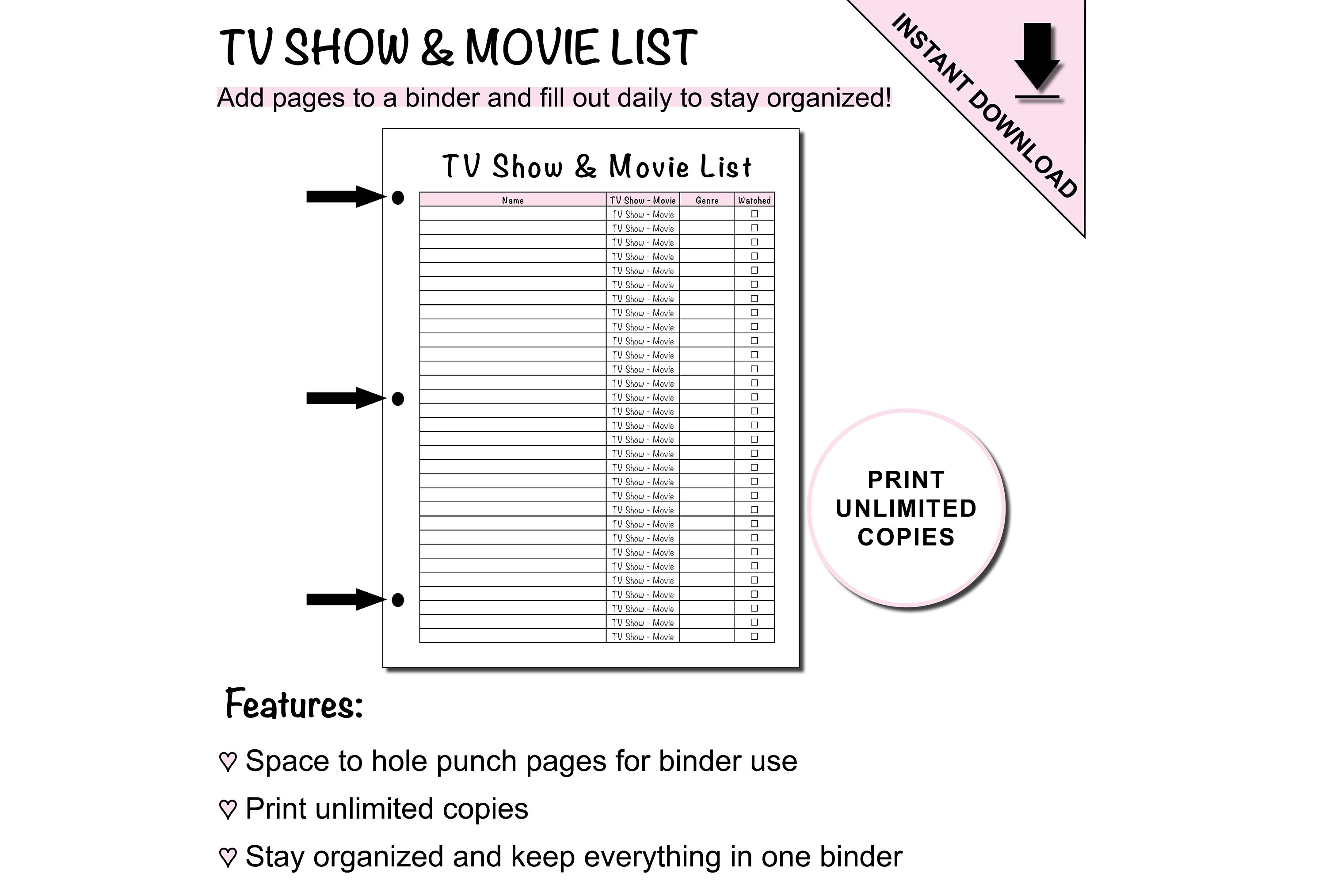 Printable TV Show and Movie List Tracker for Shows and Movies You Want ...