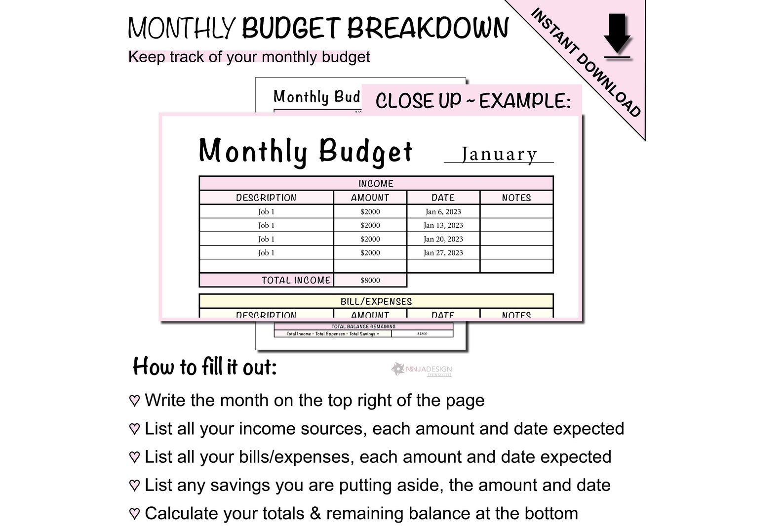 Printable Monthly Budget Breakdown to Keep Track of Your Monthly Budget ...