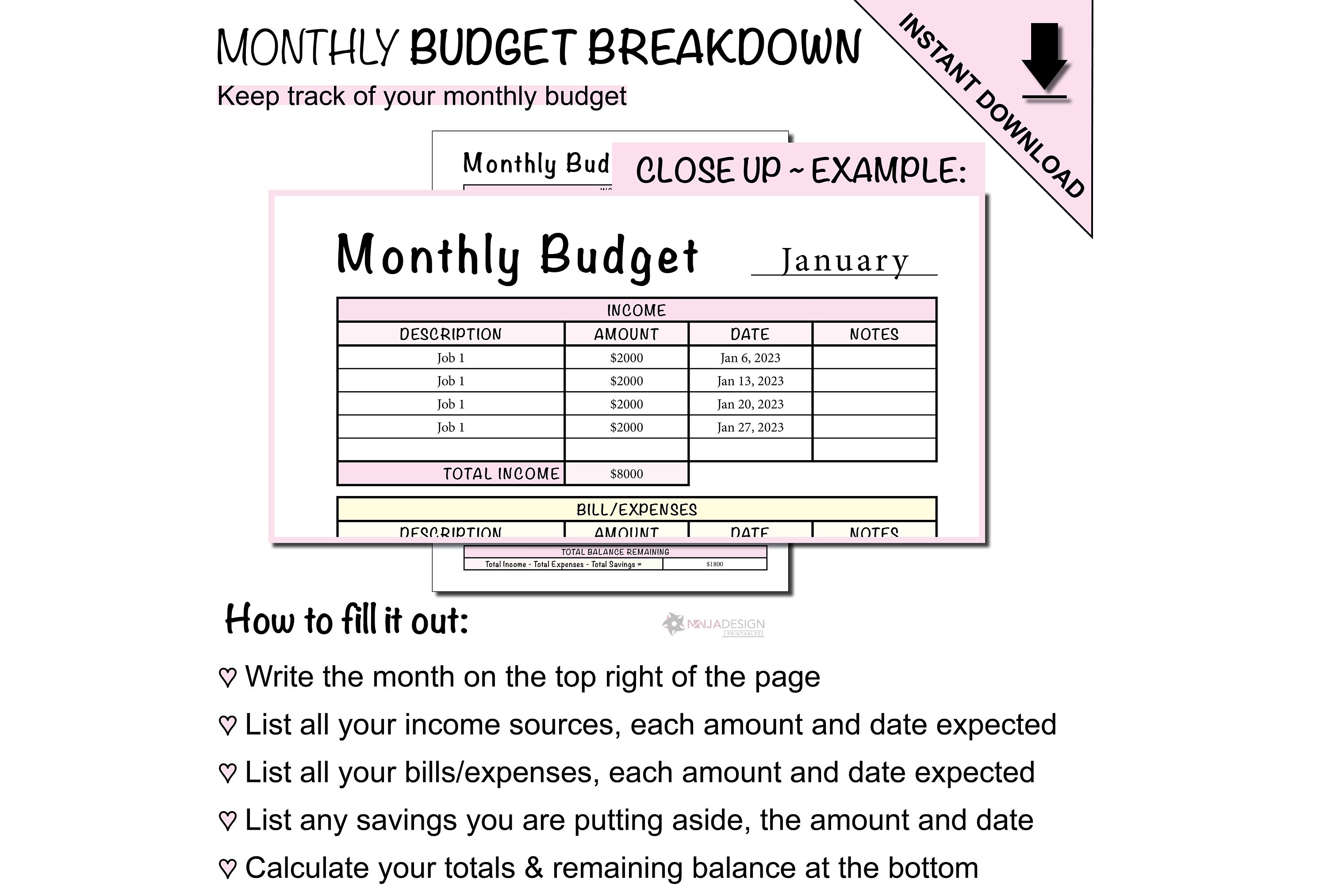 Printable Monthly Budget Breakdown to Keep Track of Your Monthly Budget ...