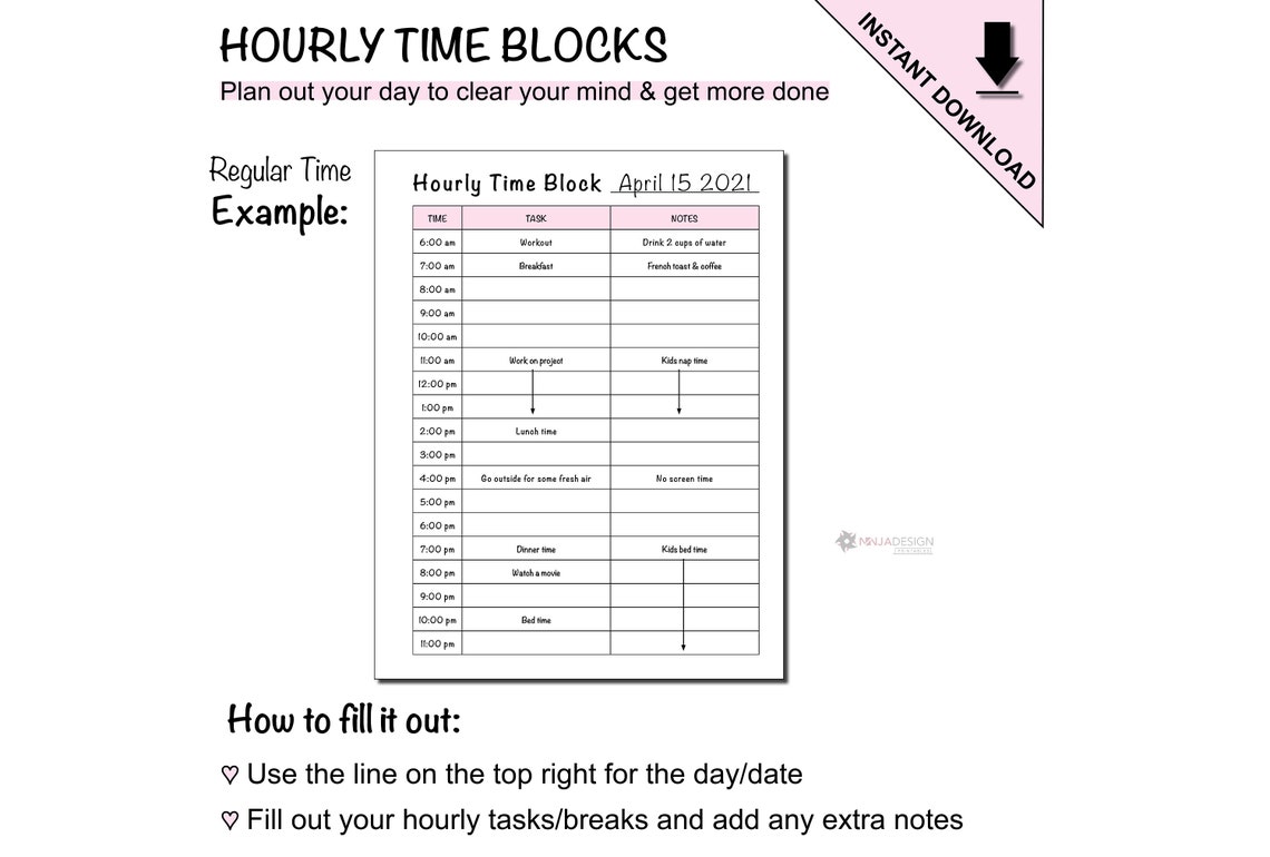 Printable Daily Time Block Schedules by Hour and Half-hour Regular Time ...