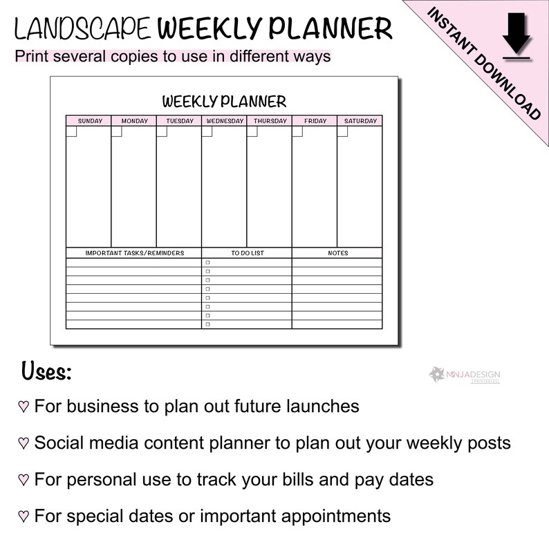 Printable Weekly Planner Sheet With to Do List and Notes Section ...