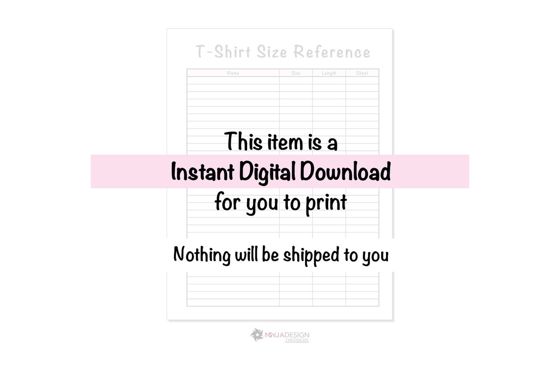 Printable T-shirt Size Reference Chart Tracker Sheet for Small ...