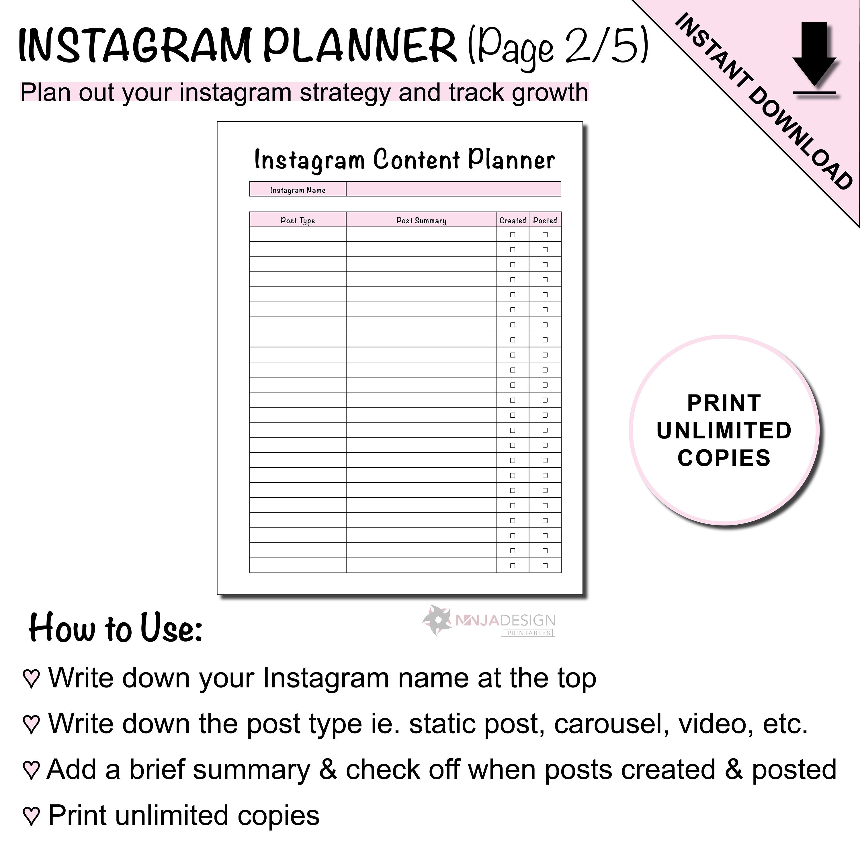 Printable Instagram Content Planner With Instagram Follower - Etsy Canada