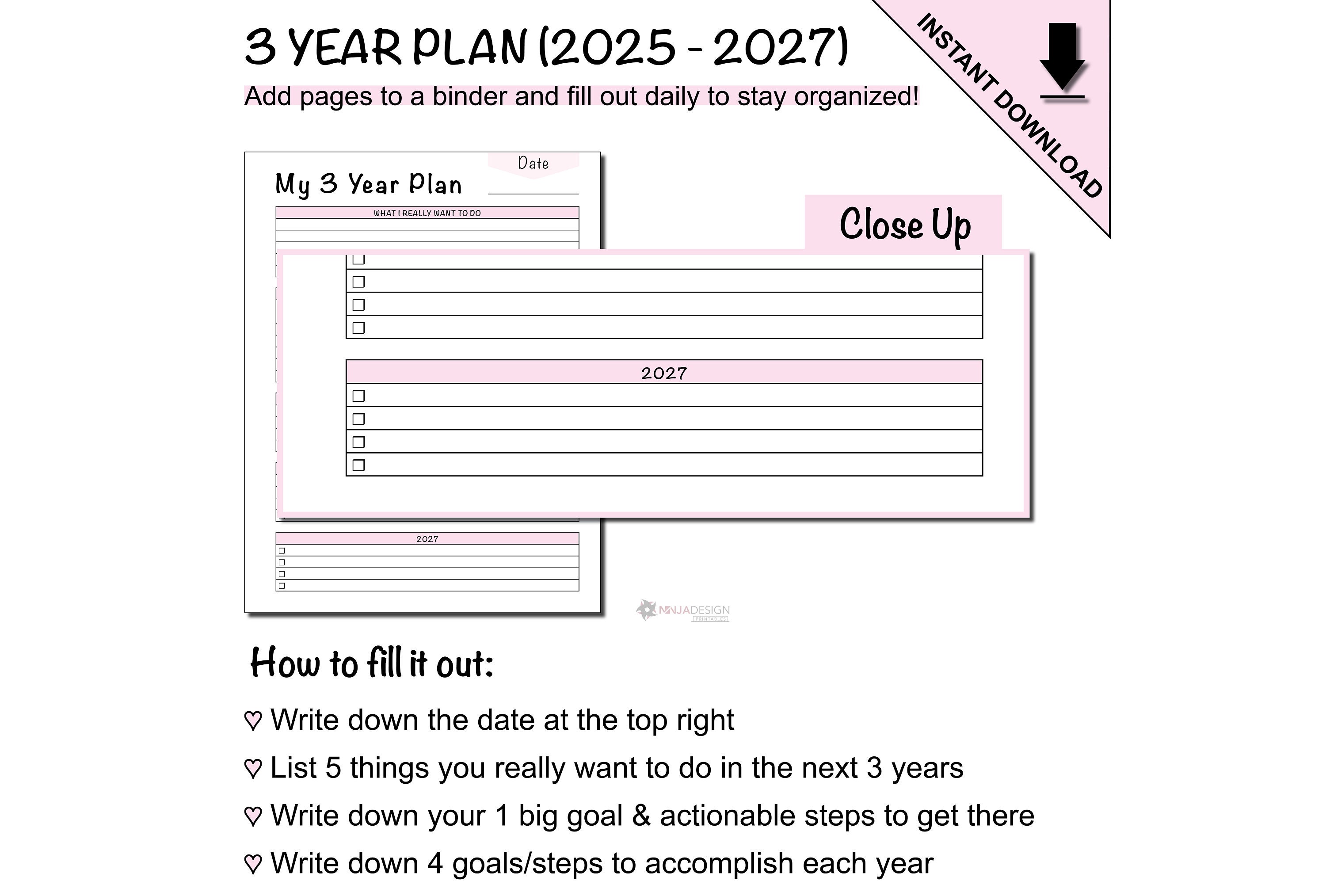 Printable 3 Year Goal Planning Template for 2025 to 2027 Plus Blank ...