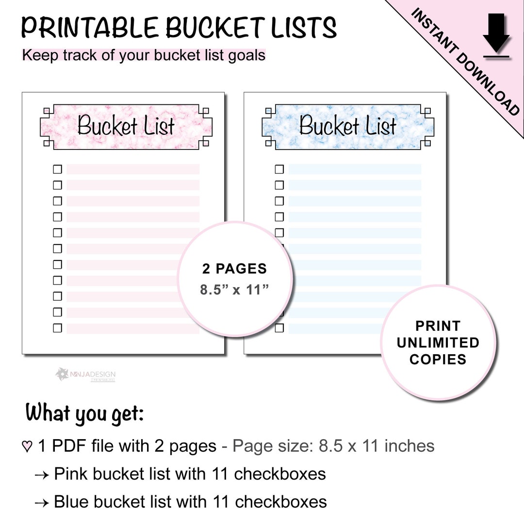 Printable Bucket List Sheets With Checkboxes in Pink & Blue - Etsy