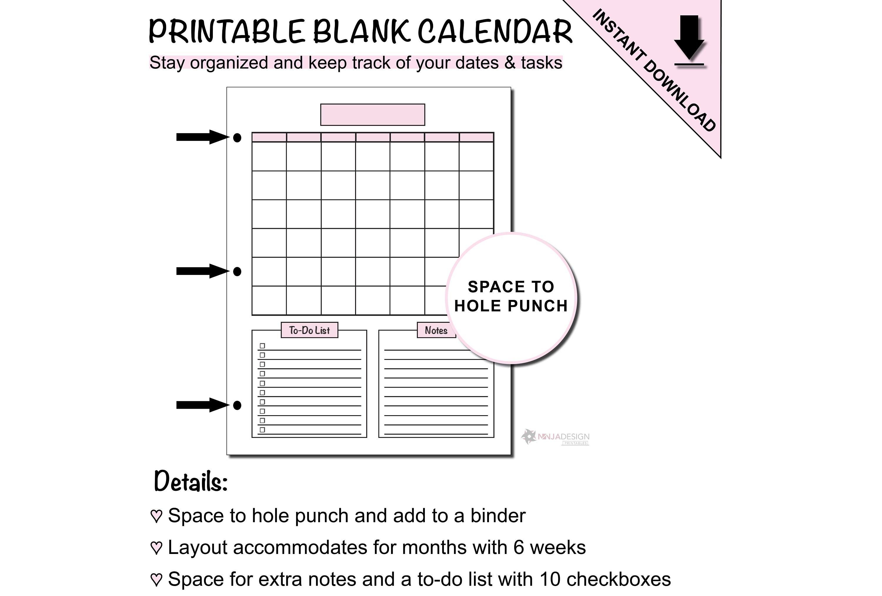 Printable Blank Calendar Planner Pages With Notes & To-do List With ...