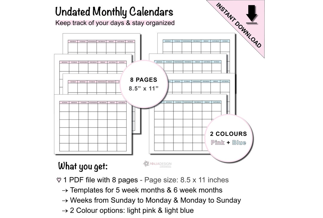 Printable Undated Monthly Calendar With 5 Week Months and 6 Week Months ...