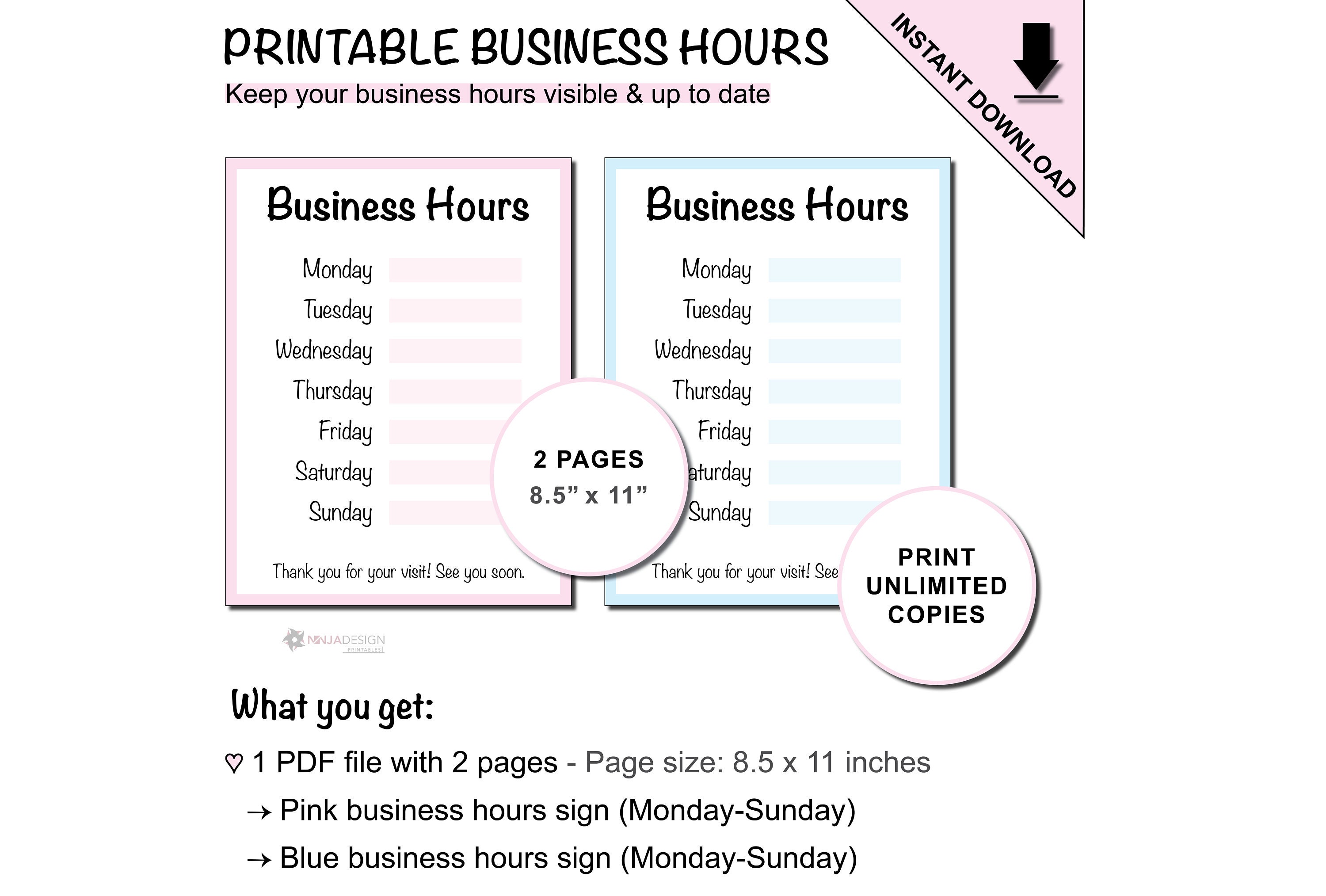 Printable Business Hours of Operation Sign to Display Custom Business ...