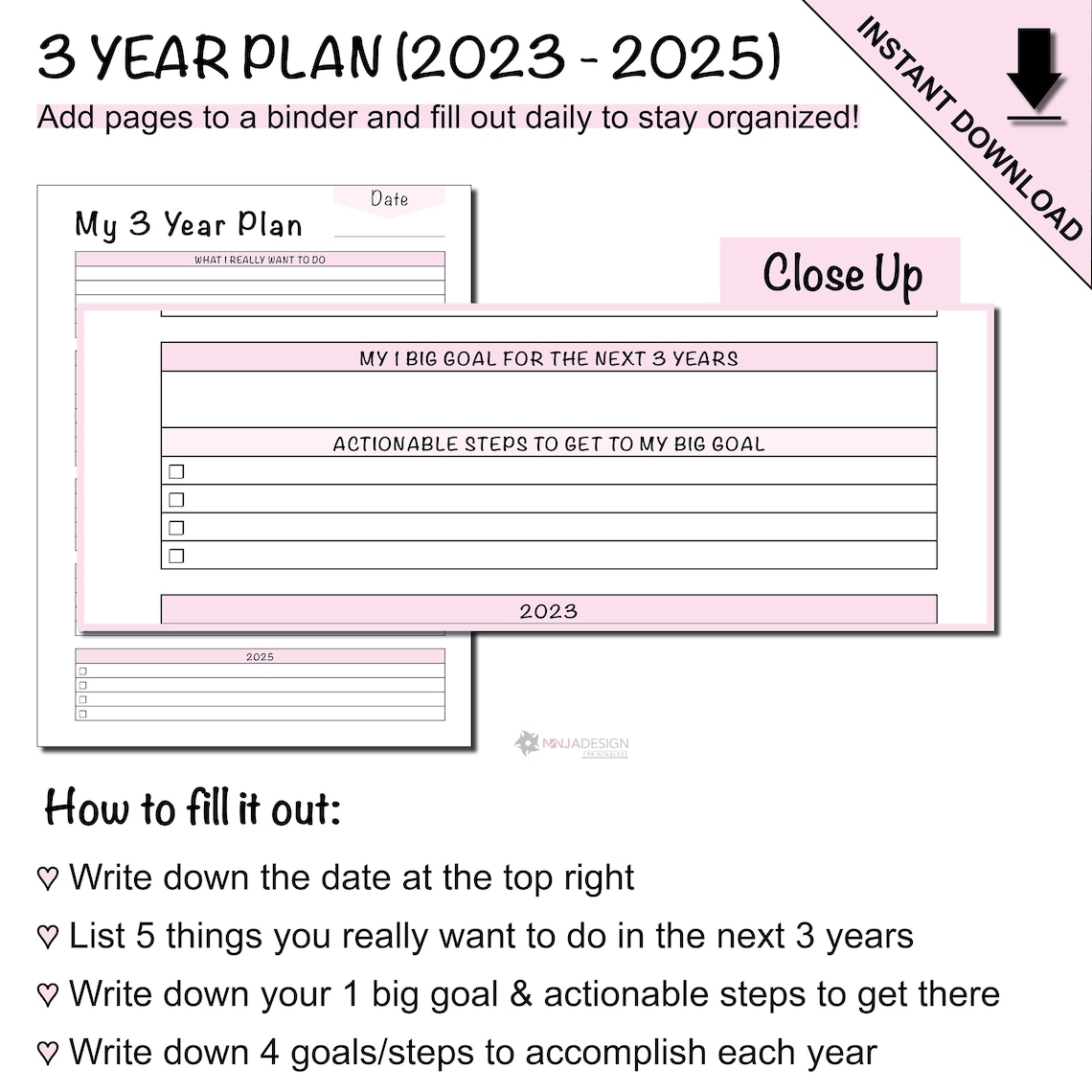 Printable 3 Year Goal Planning Template for 2023 to 2025 Plus - Etsy