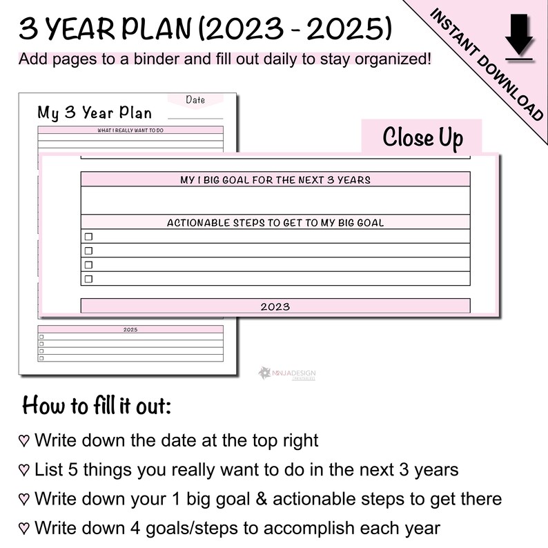 Printable 3 Year Goal Planning Template for 2023 to 2025 Plus - Etsy