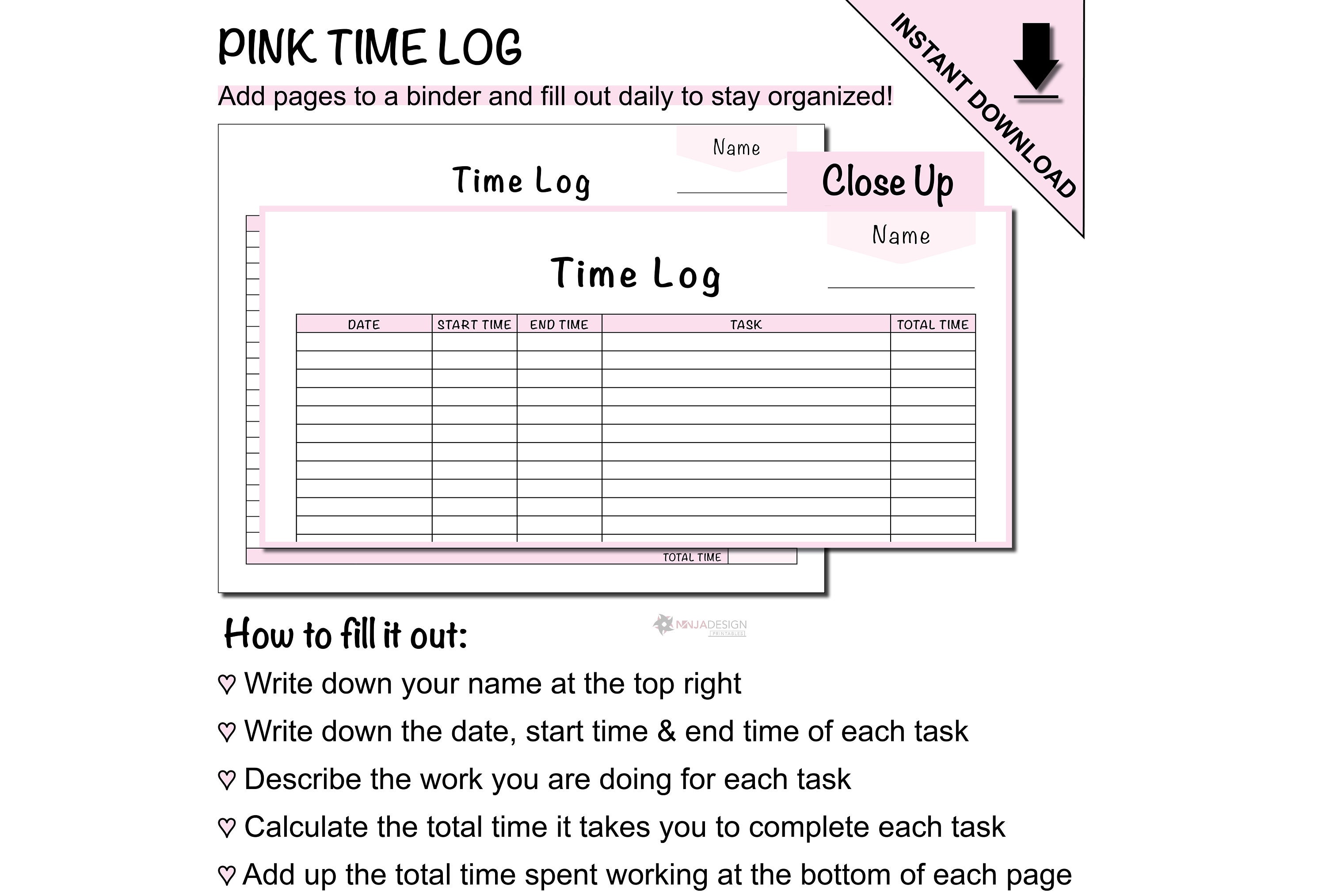 Printable Time Log Sheet to Track Time Spent Working on Tasks for ...