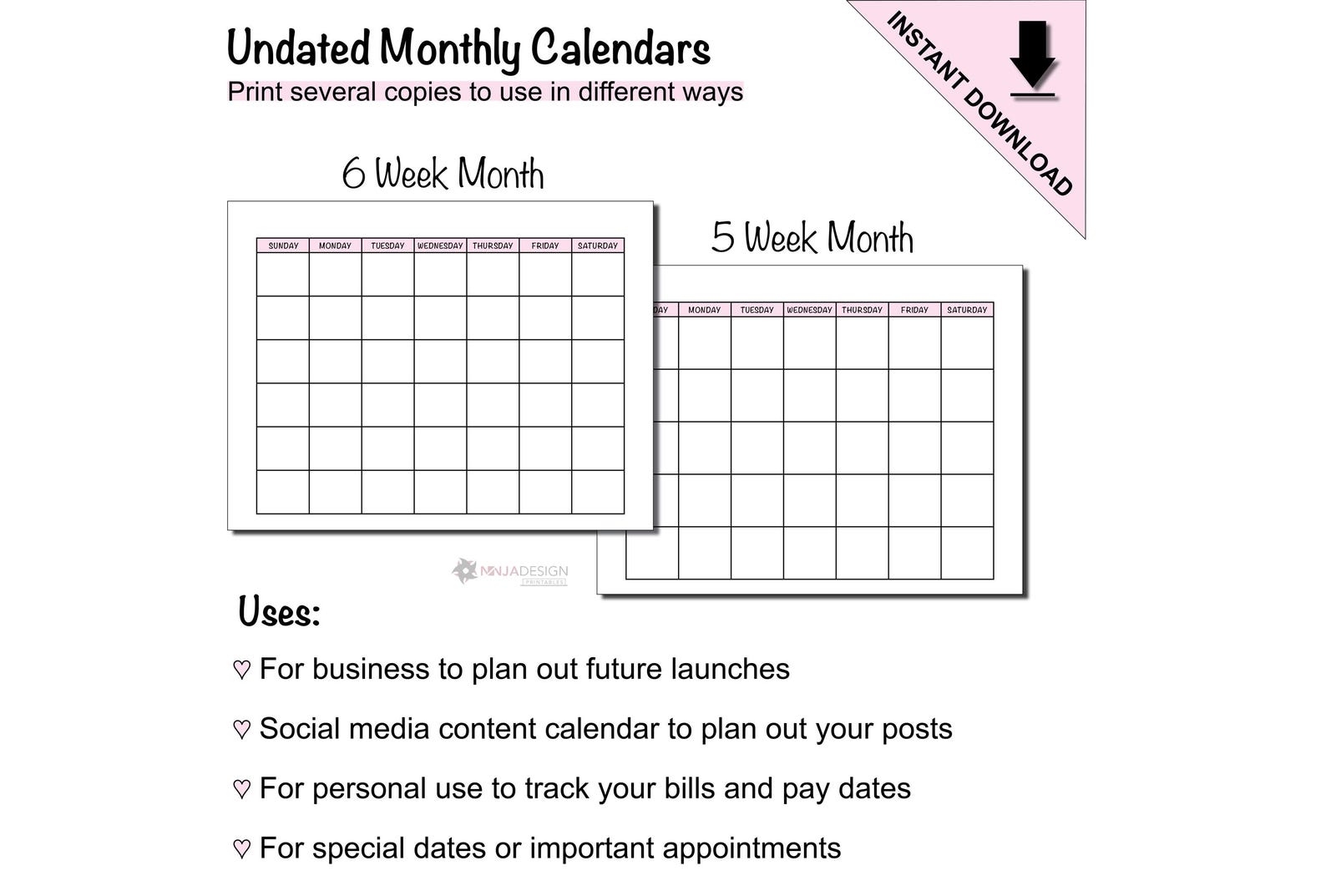Printable Undated Monthly Calendar With 5 Week Months and 6 Week Months ...