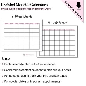 Printable Undated Monthly Calendar With 5 Week Months and 6 Week Months ...