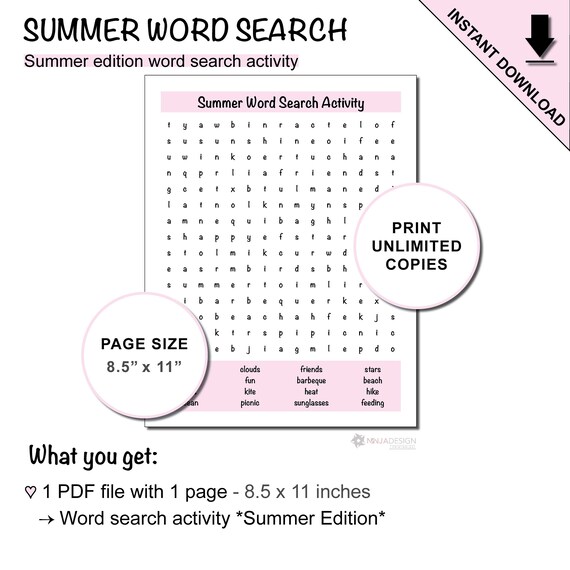 Printable Summer Word Search Puzzle Activity for Kids | Etsy