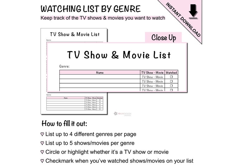 Printable TV Show and Movie List Tracker for Shows and Movies You Want ...