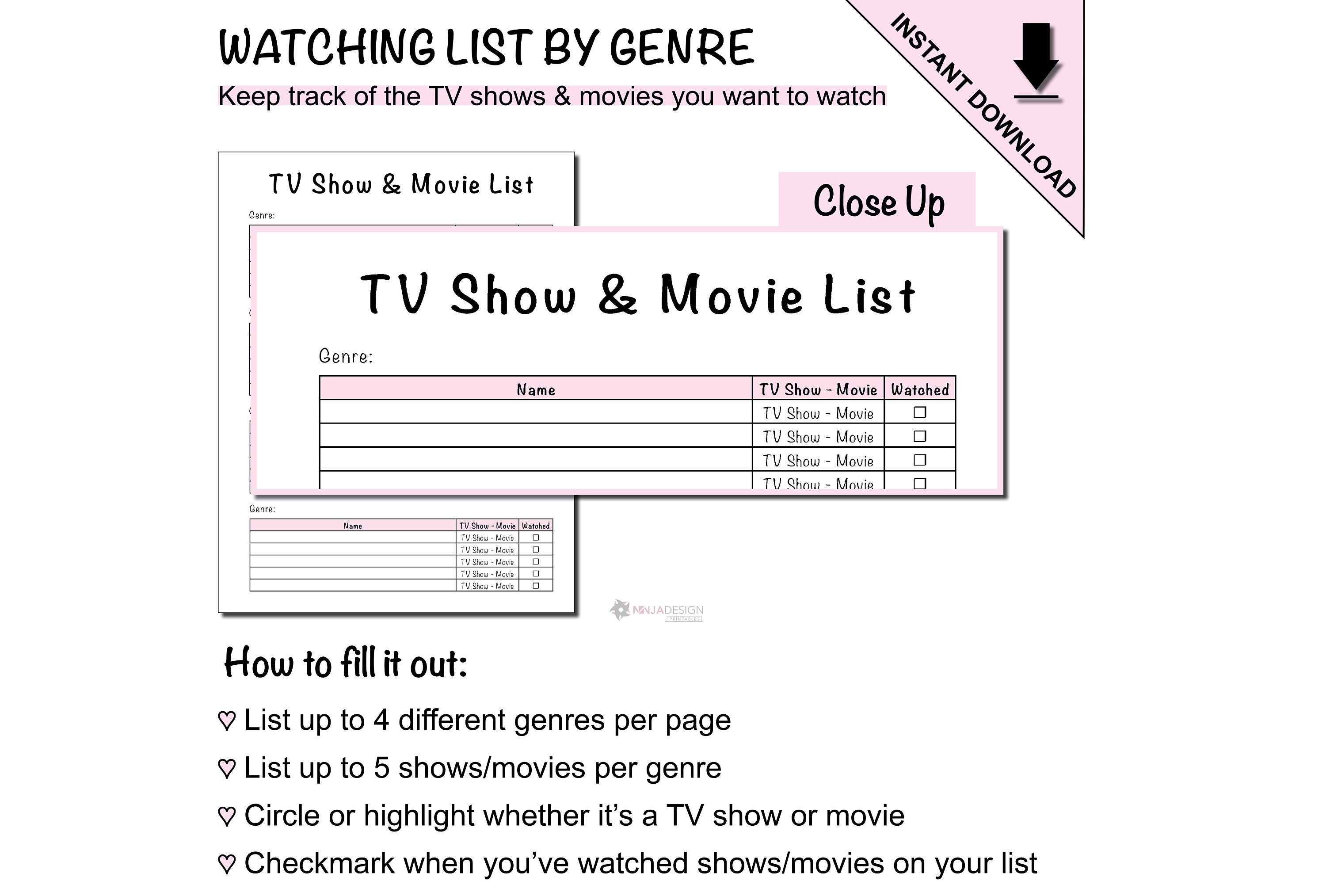 Printable TV Show and Movie List Tracker for Shows and Movies You Want ...