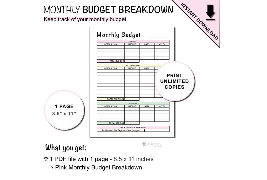 Printable Monthly Budget Breakdown to Keep Track of Your Monthly Budget ...