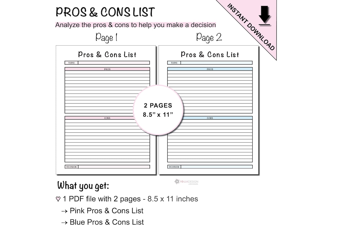 Printable Pros & Cons List to Help You Make a Decision - Etsy Canada