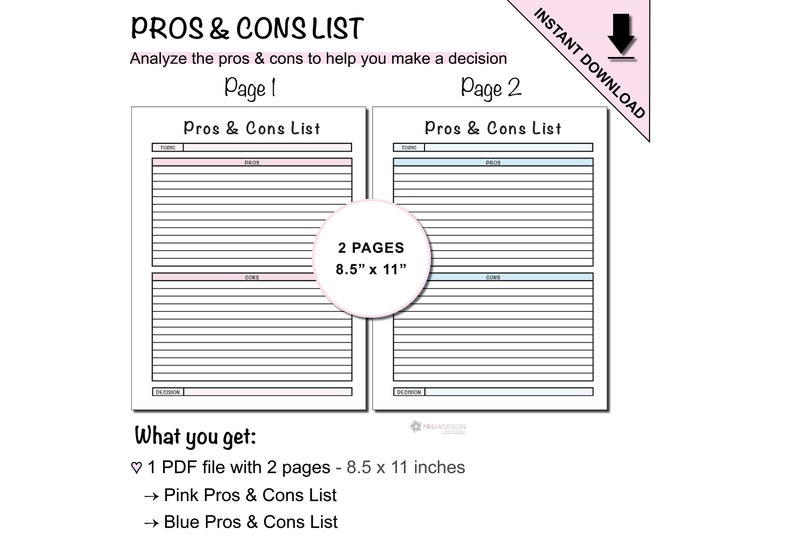 Printable Pros & Cons List to Help You Make a Decision - Etsy Canada