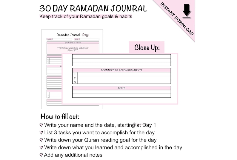 Printable Pink 30 Day Ramadan Journal With Quran Verses of the Day for ...