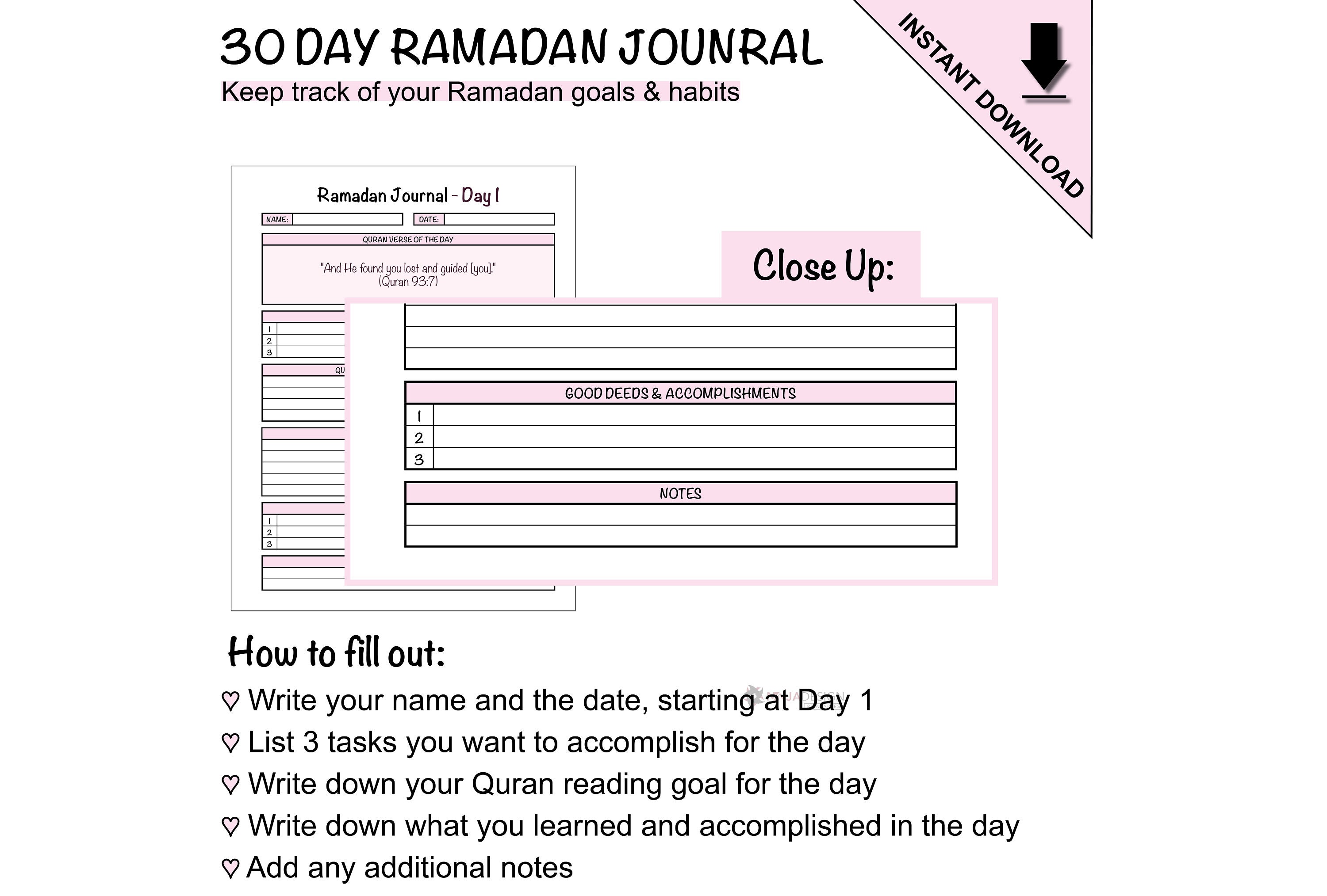 Printable Pink 30 Day Ramadan Journal With Quran Verses of the Day for ...