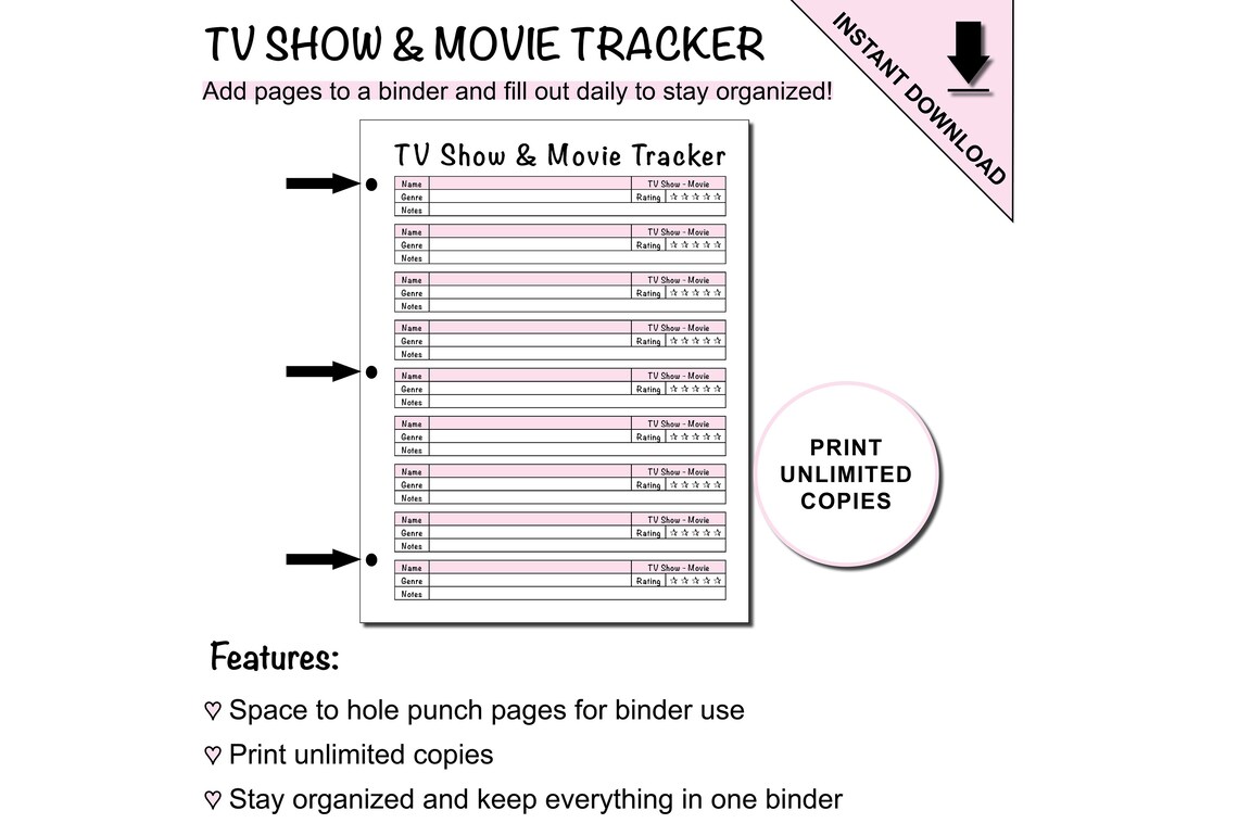 Printable TV Show and Movie Tracker for Reviewing TV Shows and Movies ...