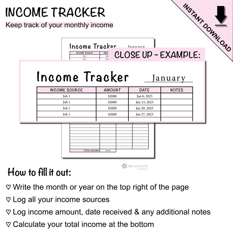 Printable Income Tracker Sheet to Track Your Monthly Income & - Etsy