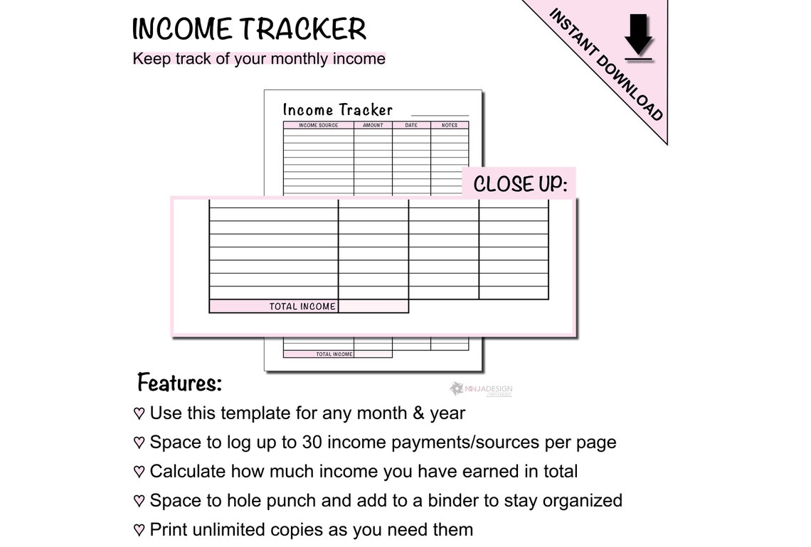 Printable Income Tracker Sheet to Keep Track of Your Monthly Income - Etsy