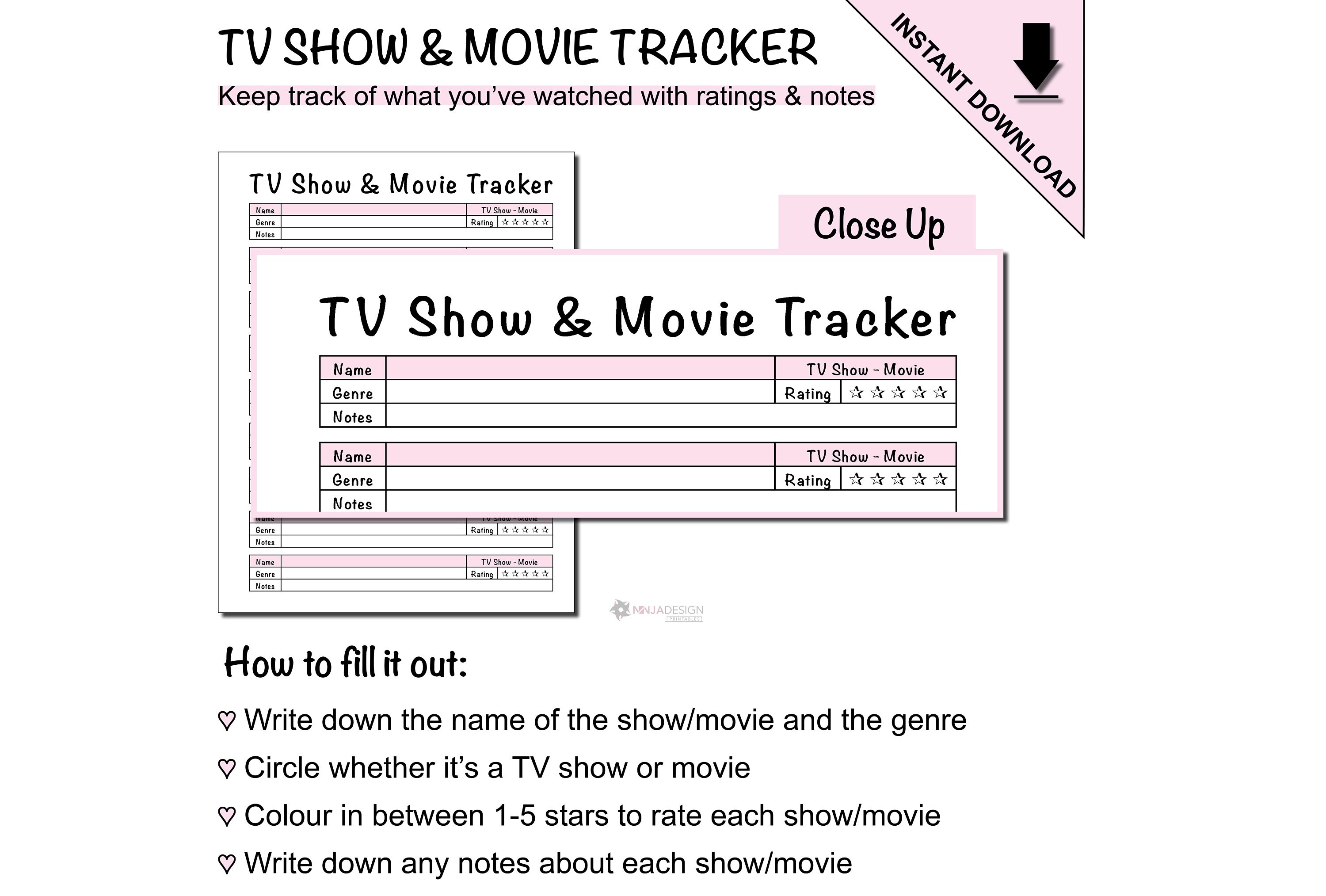 Printable TV Show and Movie Tracker for Reviewing TV Shows and Movies ...