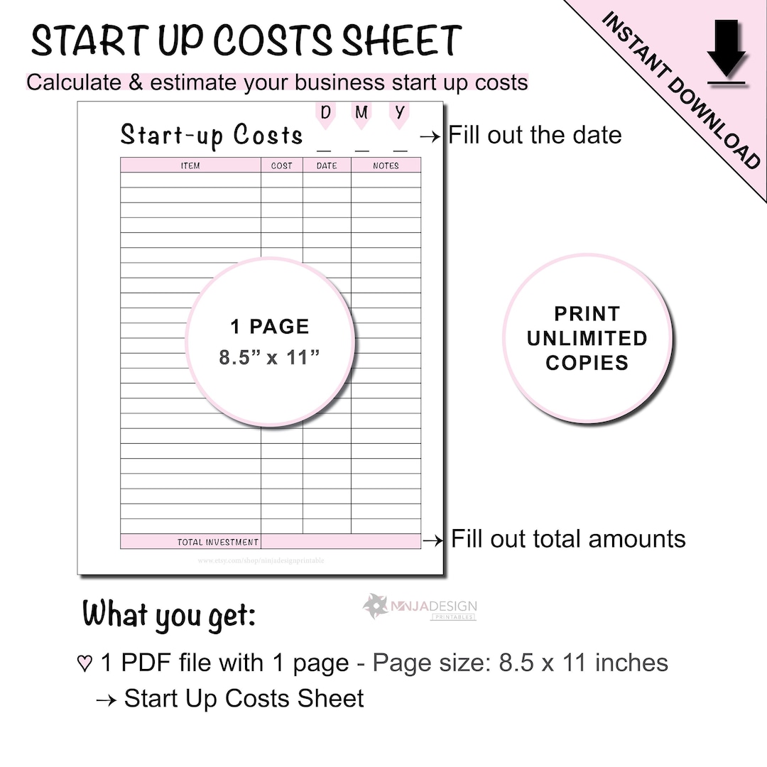 Printable Start up Cost Sheet for Business - Etsy