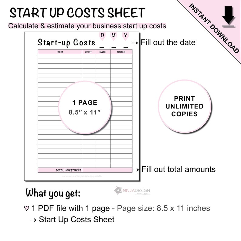 Printable Start up Cost Sheet for Business - Etsy