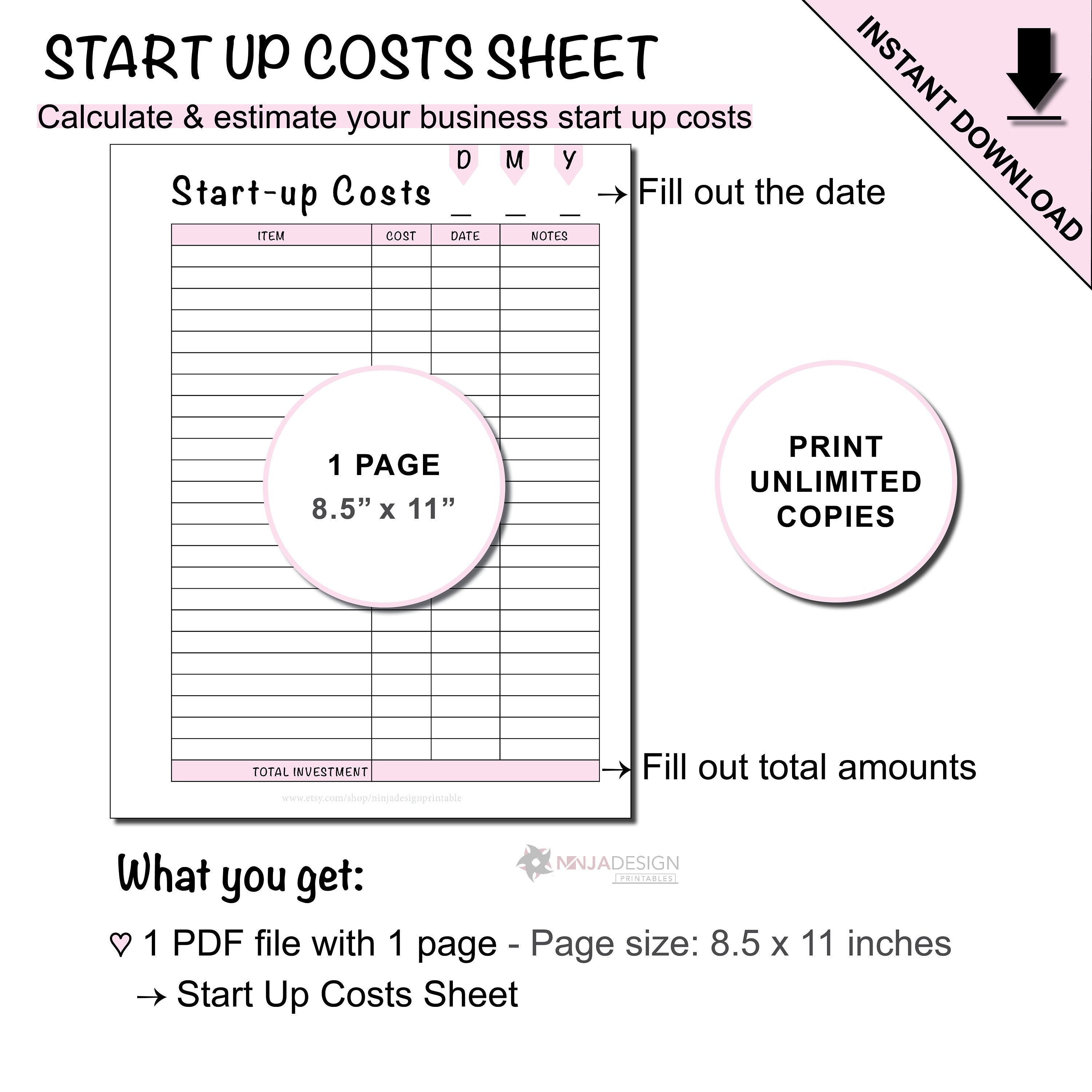 Printable Start up Cost Sheet for Business - Etsy
