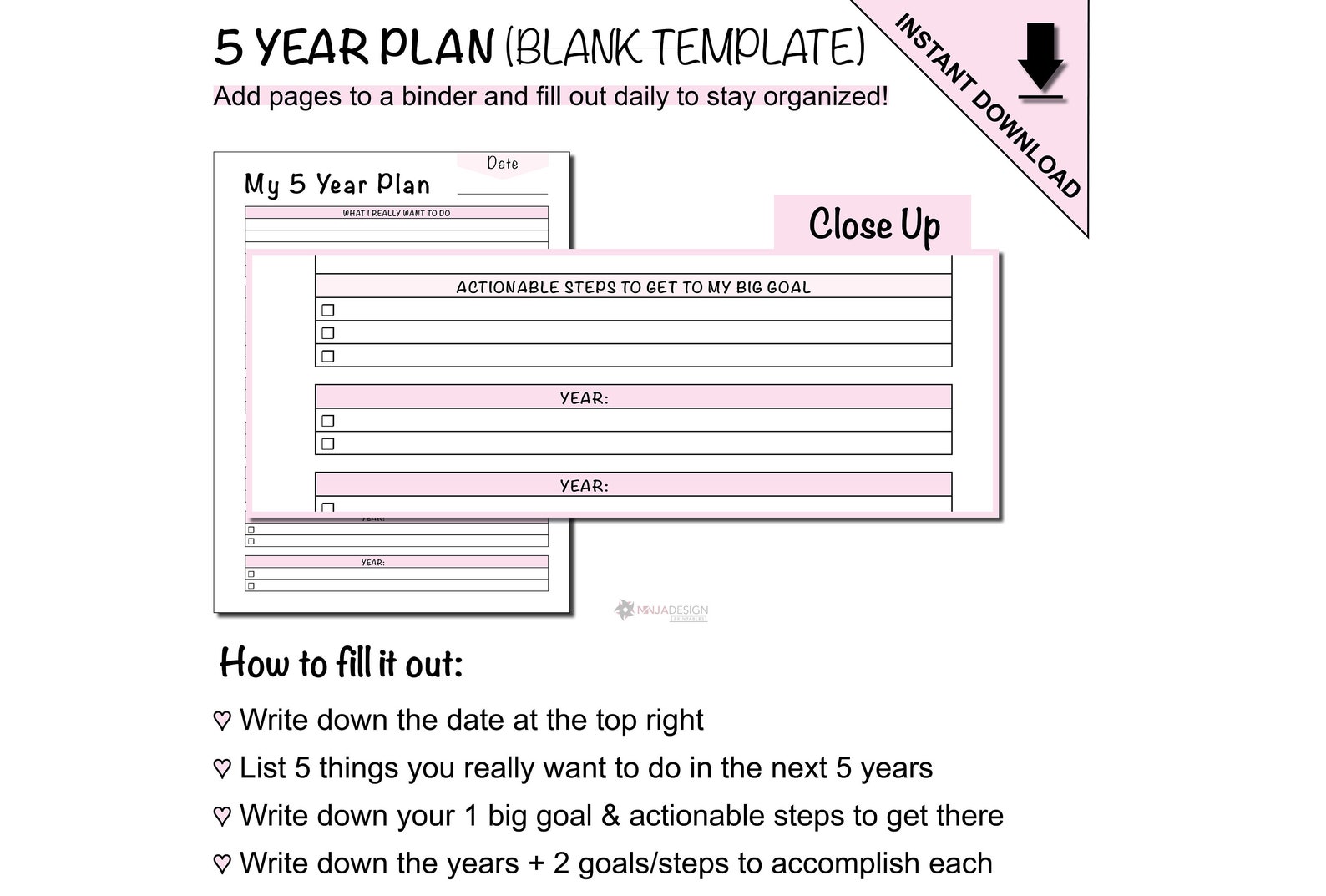 Printable 5 Year Goal Planning Template for 2024 to 2028 Plus Blank ...