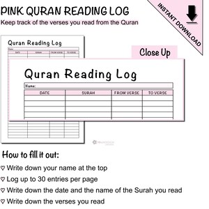 Printable Quran Reading Log to Track Verses of Surahs Read | Ramadan ...