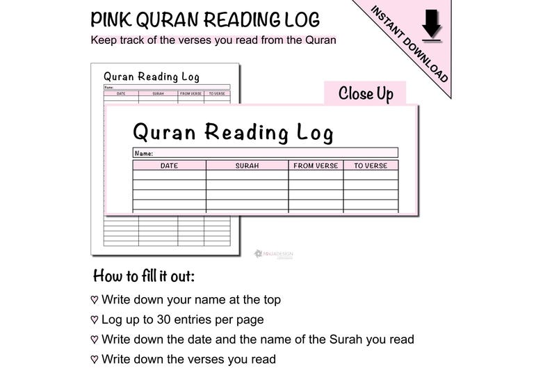 Printable Quran Reading Log to Track Verses of Surahs Read | Ramadan ...
