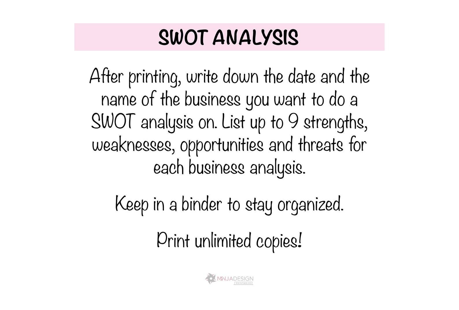 Printable SWOT Analysis for Small Businesses to Analyze Strengths ...