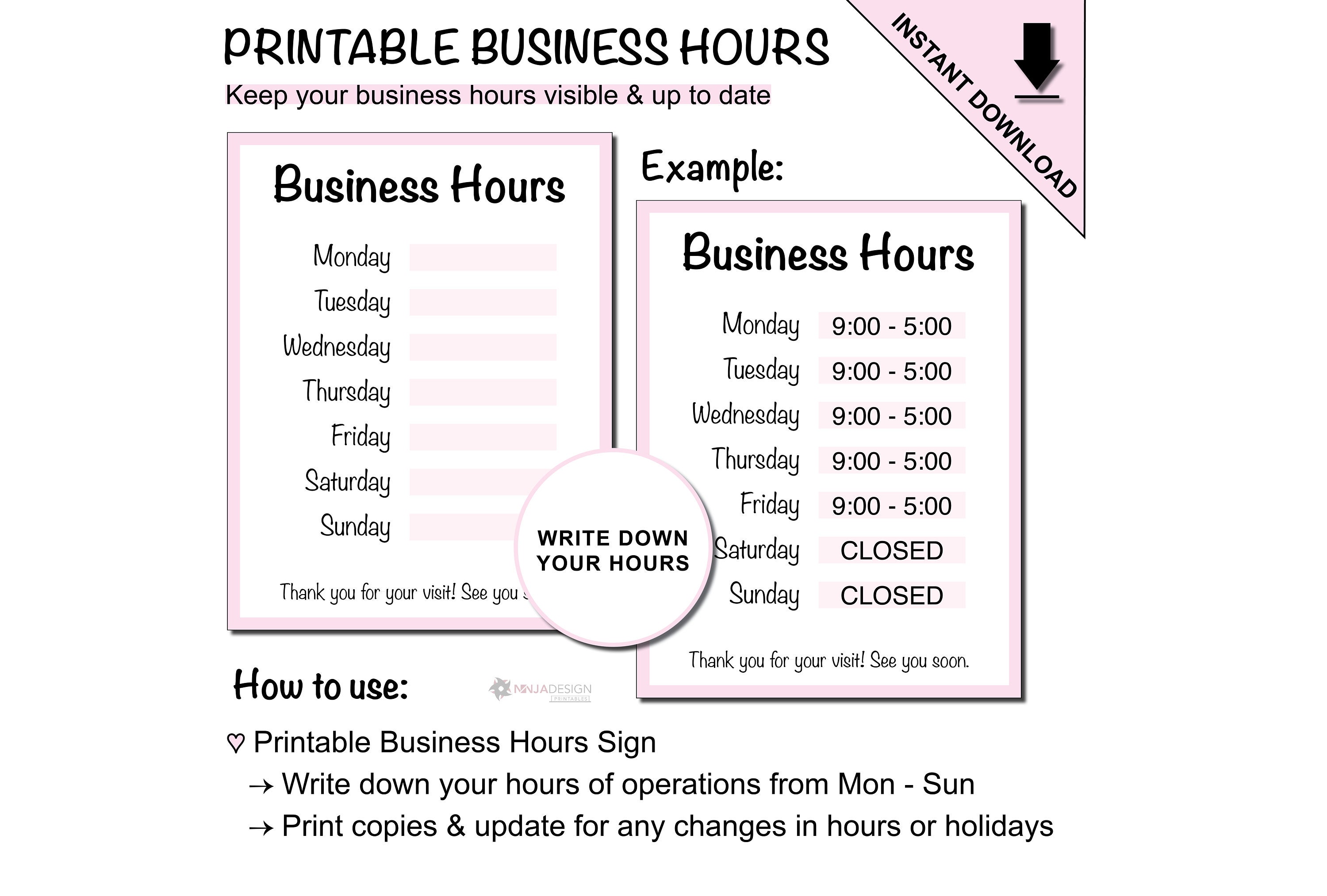 Printable Business Hours of Operation Sign to Display Custom Business ...