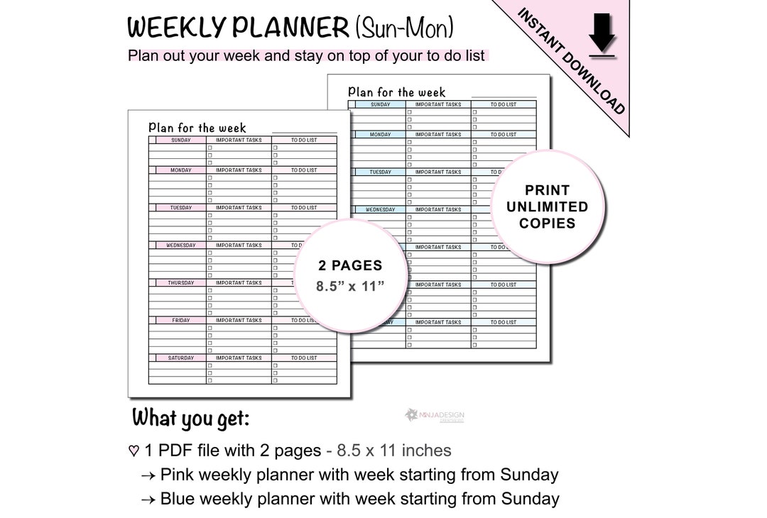 Printable Weekly Planner Sheets With Week Starting From Sunday to ...
