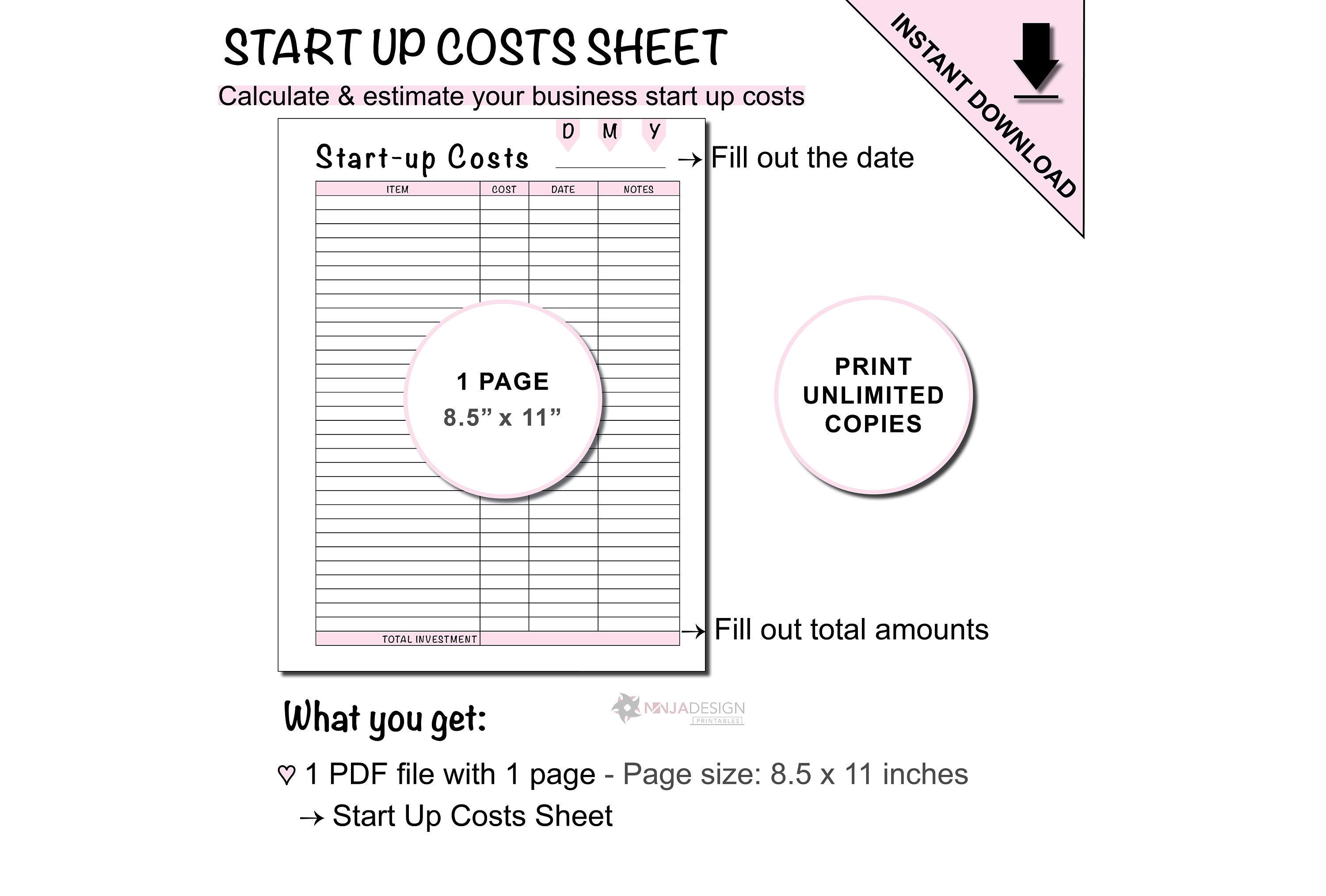 Printable Start up Cost Sheet for Business - Etsy