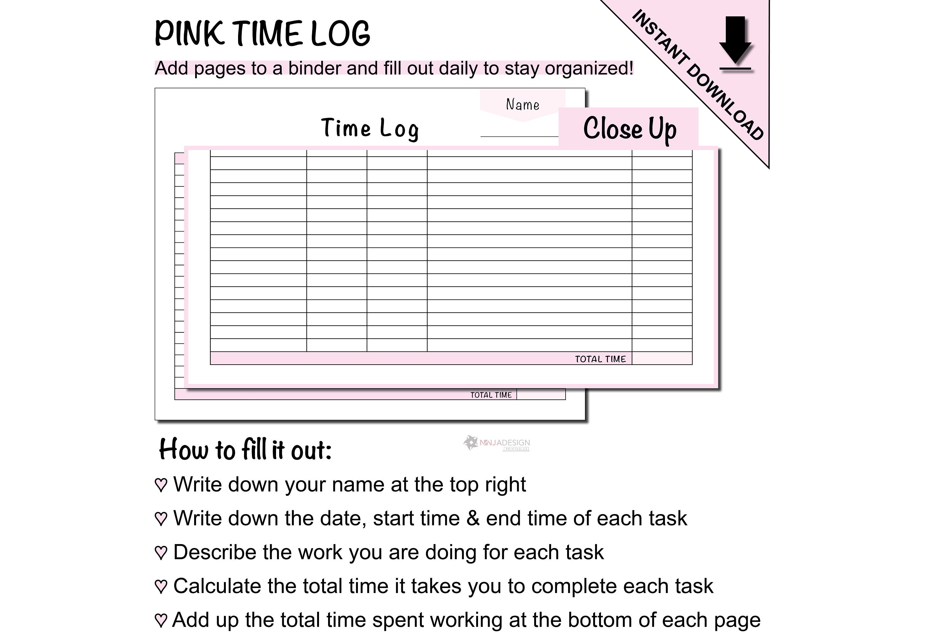 Printable Time Log Sheet to Track Time Spent Working on Tasks for ...
