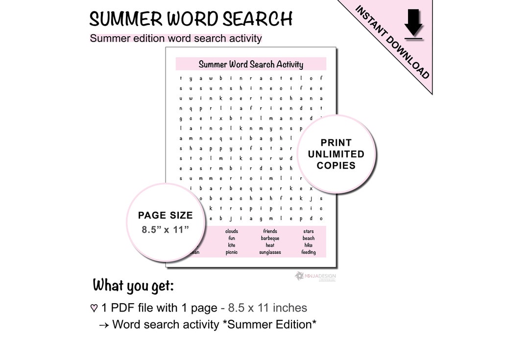 Printable Summer Word Search Puzzle Activity for Kids - Etsy