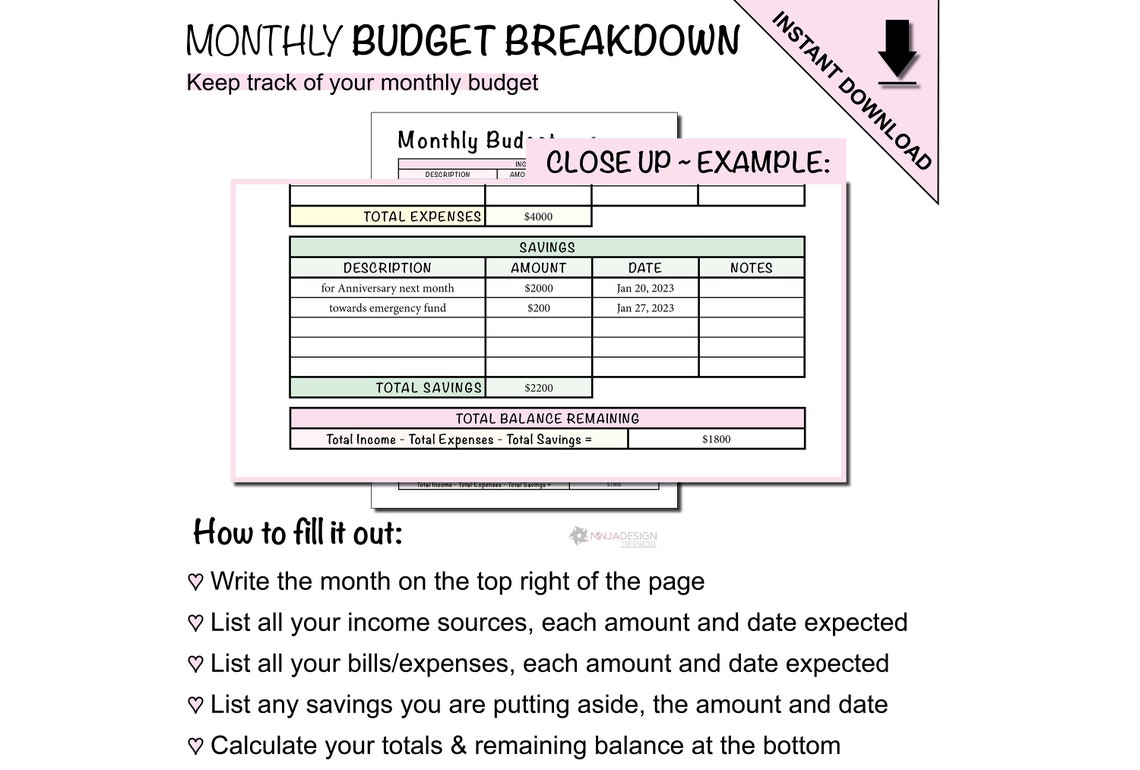 Printable Monthly Budget Breakdown to Keep Track of Your Monthly Budget ...