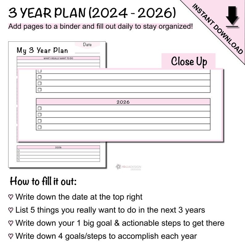 Printable 3 Year Goal Planning Template for 2024 to 2026 Plus Blank ...