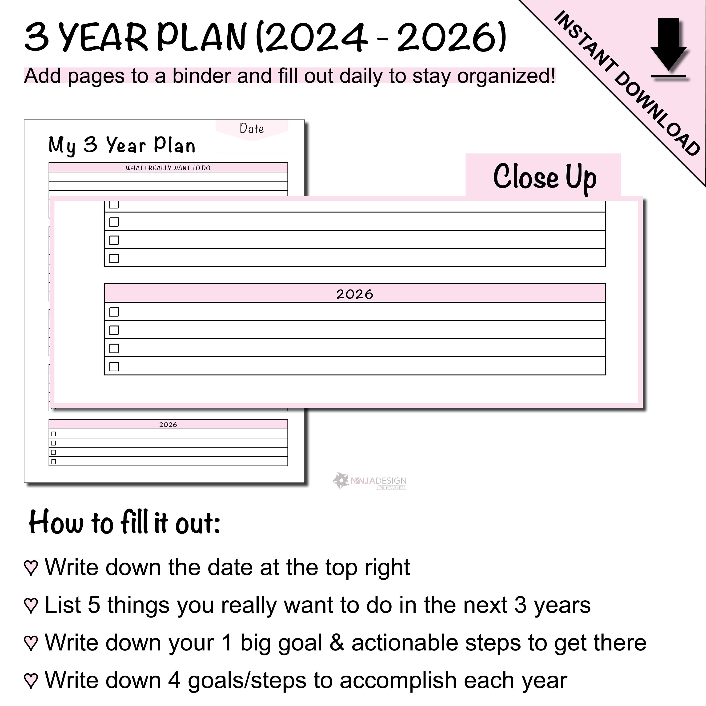 Printable 3 Year Goal Planning Template for 2024 to 2026 Plus Blank ...