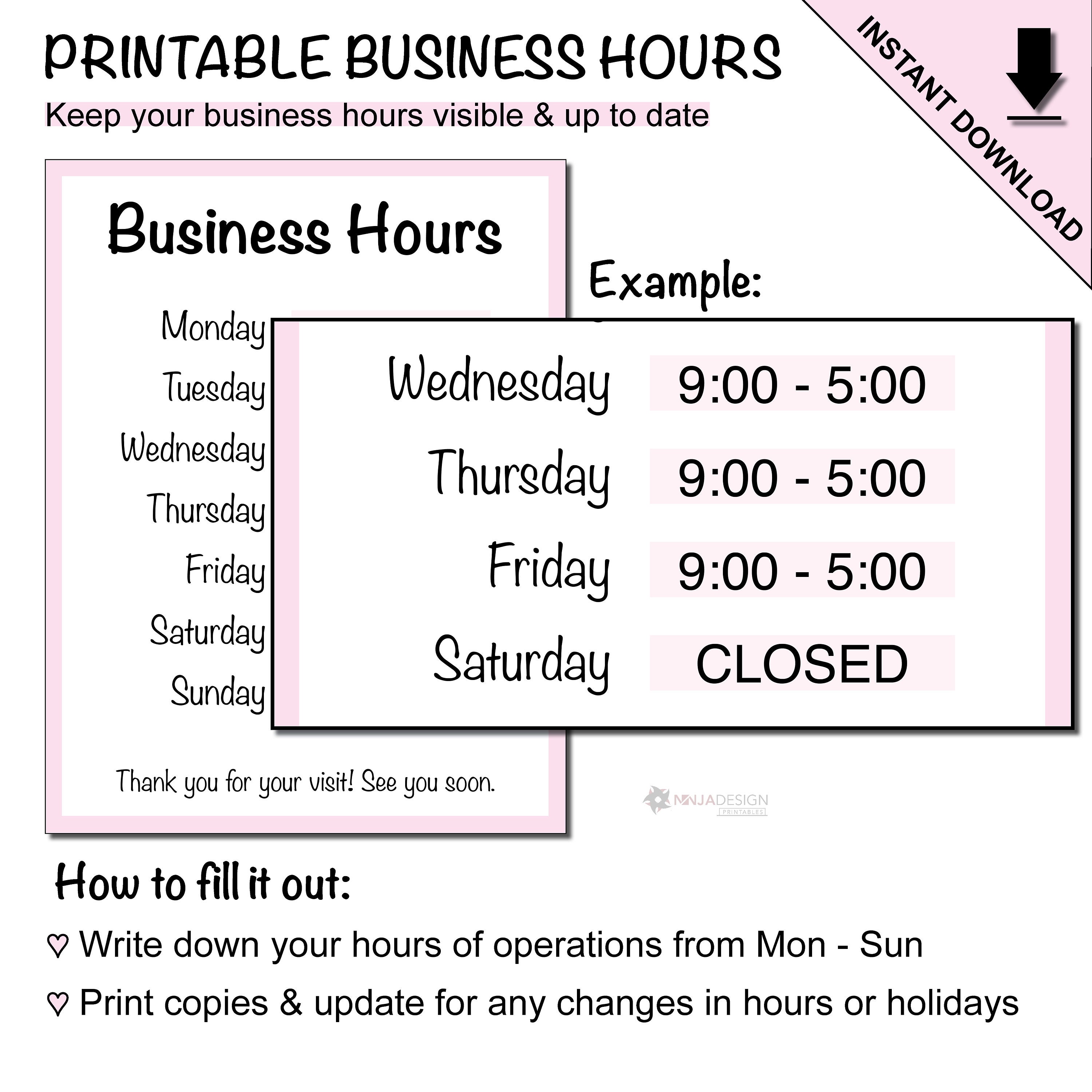 Printable Business Hours Sign to Display Custom Business Hours - Etsy ...