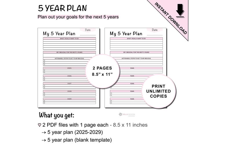 Printable 5 Year Goal Planning Template for 2025 to 2029 Plus Blank ...